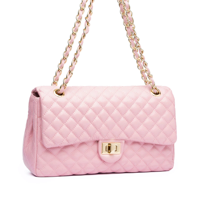 BOLSA COURO LEGÍTIMO QUILTED GRANDE EM MATELASSÊ ROSA CLARO