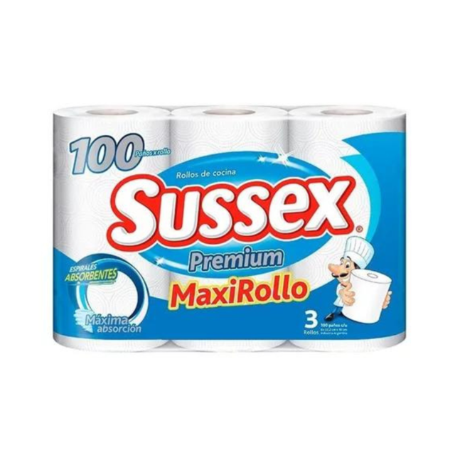 Rollo de Cocina Sussex Premium Maxirollo 3 rollos x 100 paños