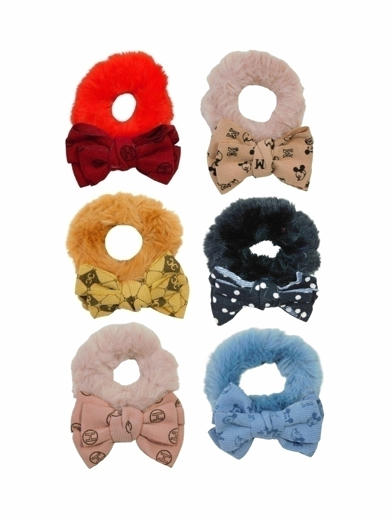Colitas Scrunchies de Peluche Con Moño Estampado Pack x 12 Unidades