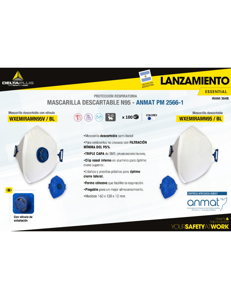 MASCARILLA DELTA PLUS AZUL CON VALVULA N95 CERT ANMAT