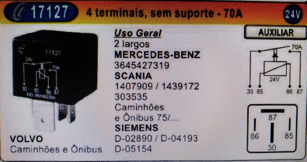 Rele 17127 70a 24v 4 Terminais 2 Largos Scania Volvo Renault