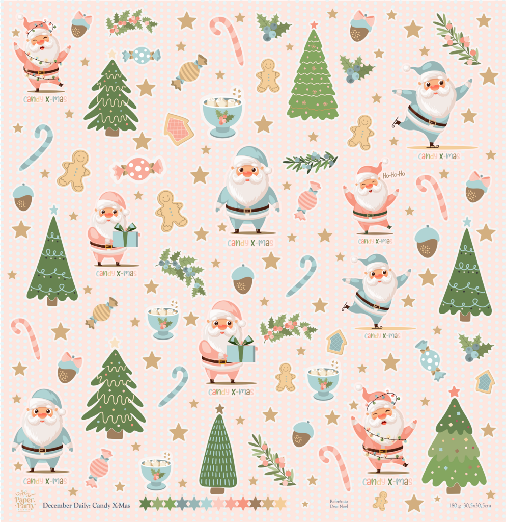 Kit de Papéis Coleção Candy X-Mas Paper Party Scrap - 6 Papéis