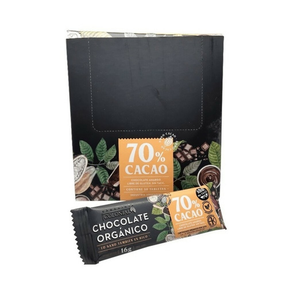 Chocolate Orgánico Amargo 70 % Cacao Sin Tacc Colonial 50 u.