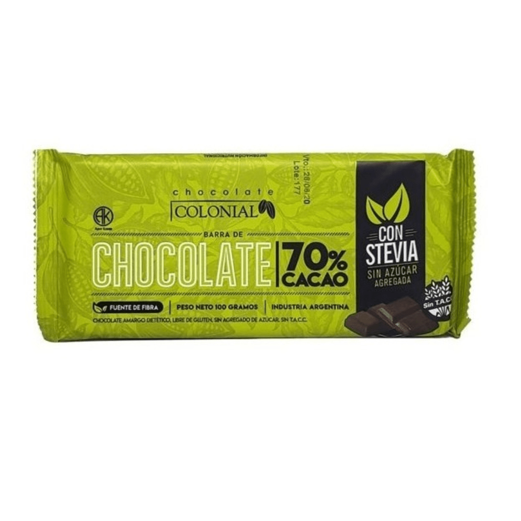 Chocolate Colonial Sin Azucar Agregada, 70% Cacao Con Stevia x10