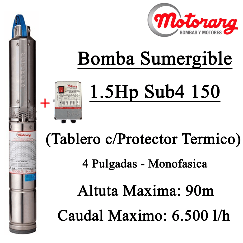 Bomba Sumergible Motorarg 1.5Hp Sub4 150 con Tablero