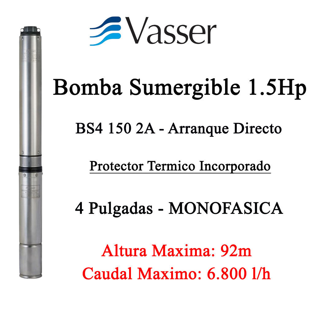 Bomba Sumergible Vasser 1.5Hp Arranque Directo Monofasica
