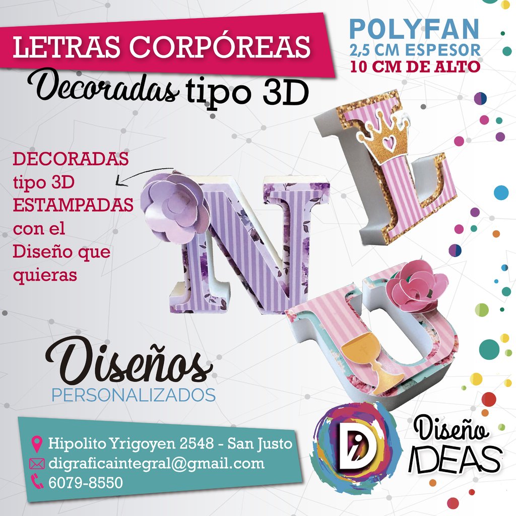 Letras Corpóreas Decoradas Nombre Polyfan - 3d Personalizado - 4 Unidades