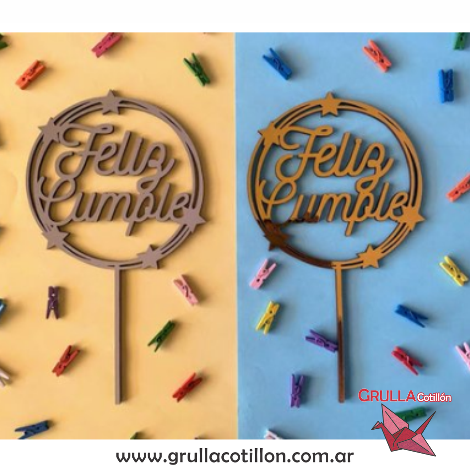 CAKE TOPPER FELIZ CUMPLE ESTRELLAS - GRULLA COTILLÓN