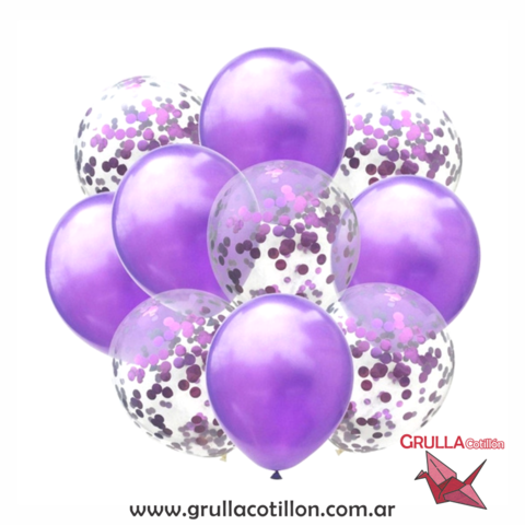 SET GLOBOS CONFETTI VIOLETA Y PERLADO LILA x10