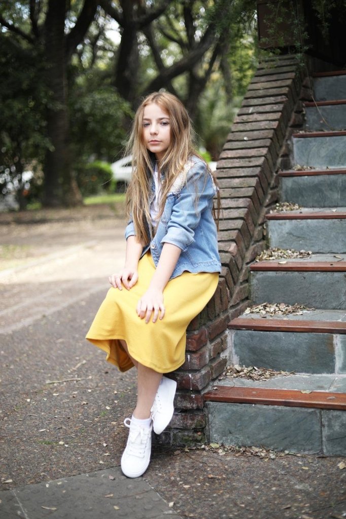 Pollera acampanada Pique mostaza. Niñas - Cherry Boop