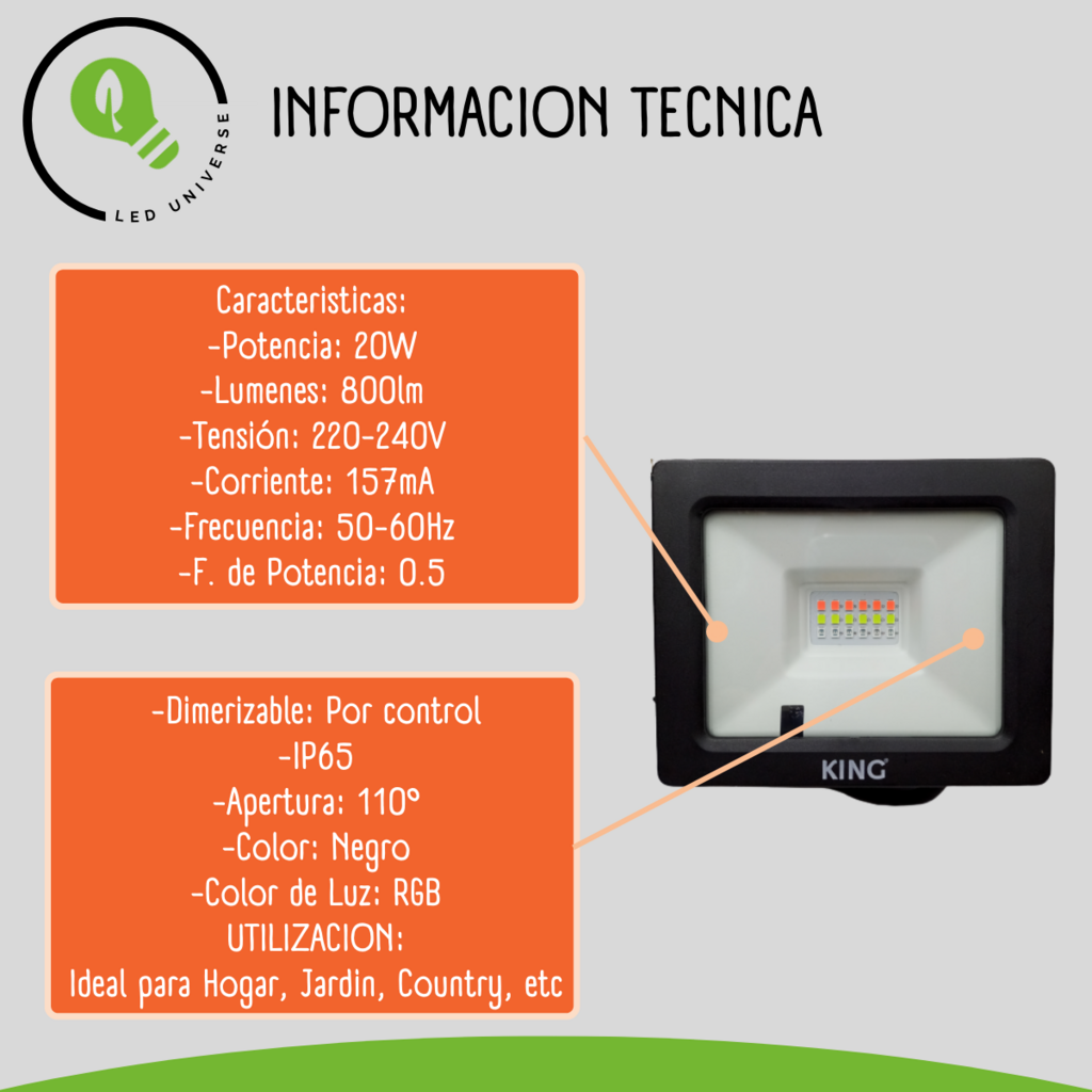 Reflector Proyector Led 20w Exterior Ip65 RGB King