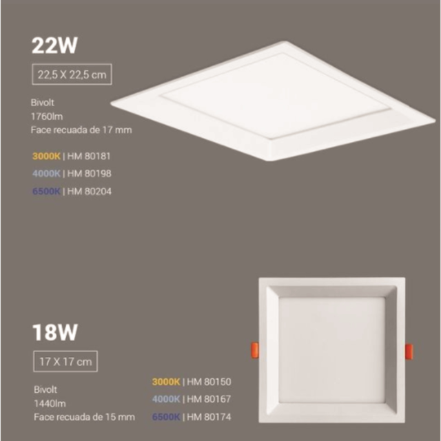 EMBUTIDO QUADRADO RECUADO 17X17CM LED 18W 6500k BIVOLT - BRANCO / DOWNLIGHT | OPUS HM 80174