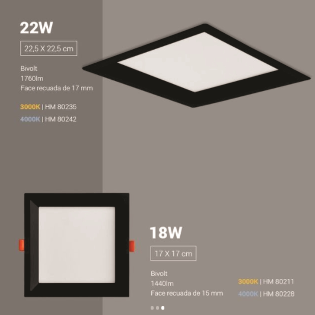 EMBUTIDO QUADRADO RECUADO 17X17CM LED 18W 3000k BIVOLT - PRETO / DOWNLIGHT | OPUS HM 80211