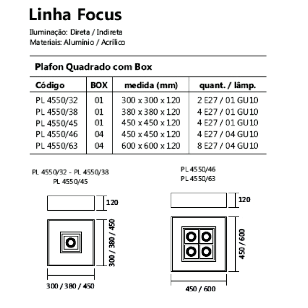 PLAFON DE SOBREPOR QUADRADO FOCUS C/ 01 BOX 30X30X12CM 2L E27 / 1L GU10 ...