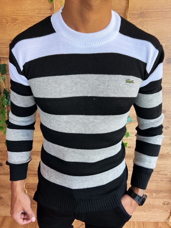 SUETER LACOSTE TRICOT LISTRADO - BRANCO E PRETO COM CINZA