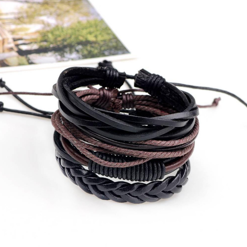 Pulsera Unisex Conjunto 4 En 1 Pulsera Cuero Genuino Soga