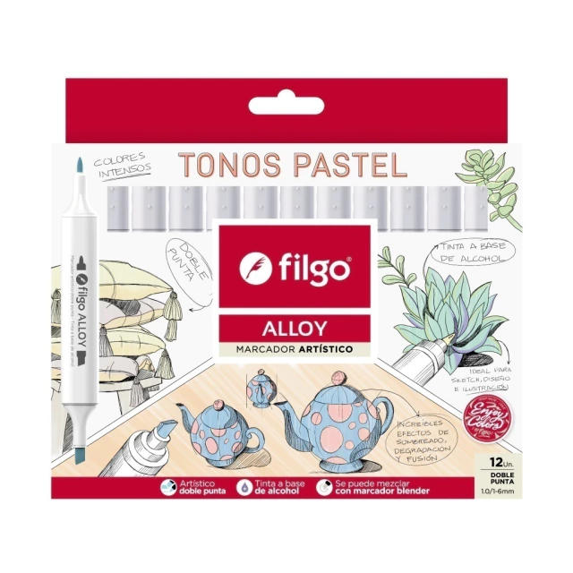 MARCADOR ARTISTICO FILGO ALLOY DOBLE PUNTA TONOS PASTEL X 12 U.