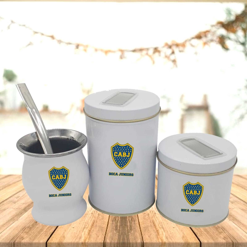 SET MATERO BOCA JUNIORS, MATE, LATAS IMPRESAS COLOR