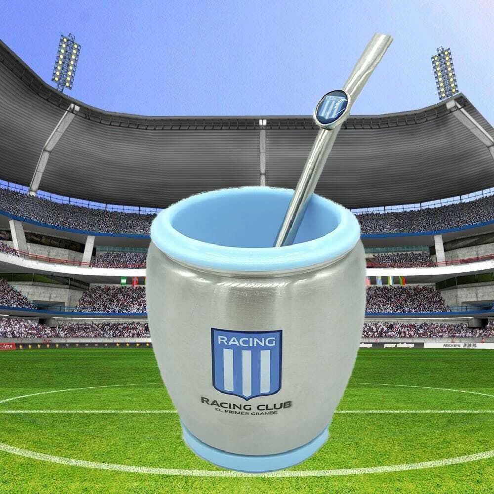 MATE ACERO Y PLASTICO GRABADO COLOR RACING CLUB CON BOMBILLA ACERO INOX.