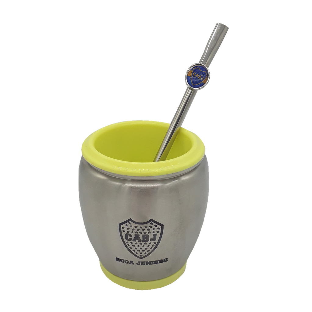 MATE ACERO Y PLASTICO BOCA JUNIORS GRABADO CON BOMBILLA
