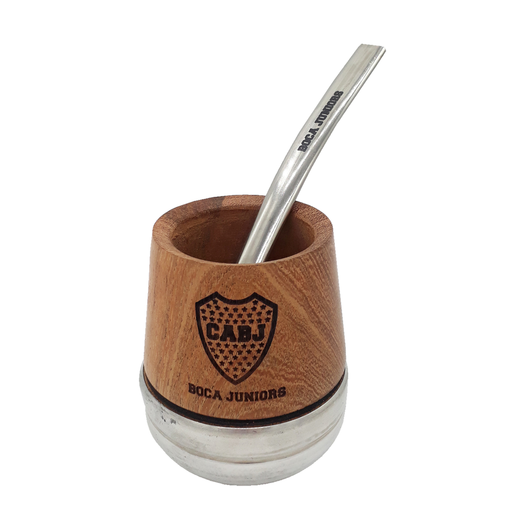 MATE MADERA Y ALUMINIO BOCA JUNIORS GRABADO C/ BOMBILLA ACERO GRABAD