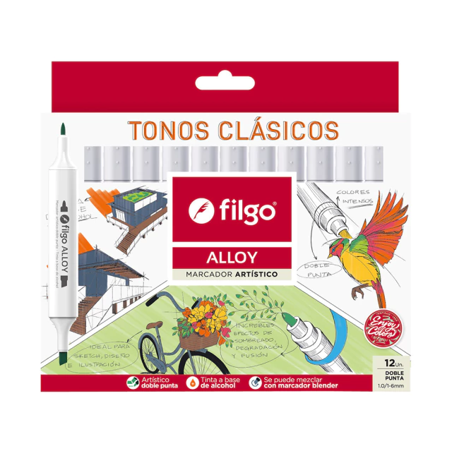 MARCADOR ARTÍSTICO FILGO ALLOY TONOS CLÁSICOS DOBLE PUNTA X12