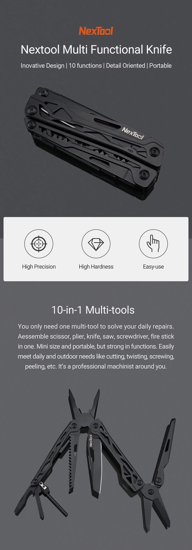 Multitool Nextool Black Knight NE40022, 10 funções, Original, Full ...