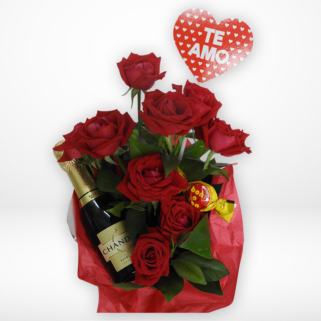 10 rosas champagne y bombones