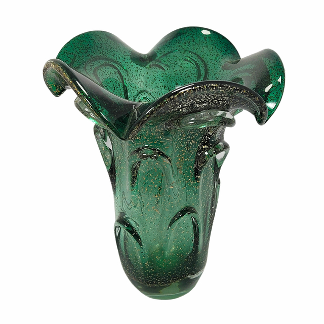 Vaso Murano Verde Escuro Design Relevo Ondulados Fino Acabamento