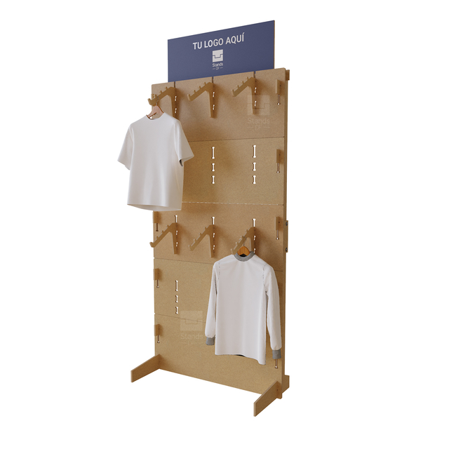 Exhibidor desarmable para ropa, con ganchos tipo cascada.