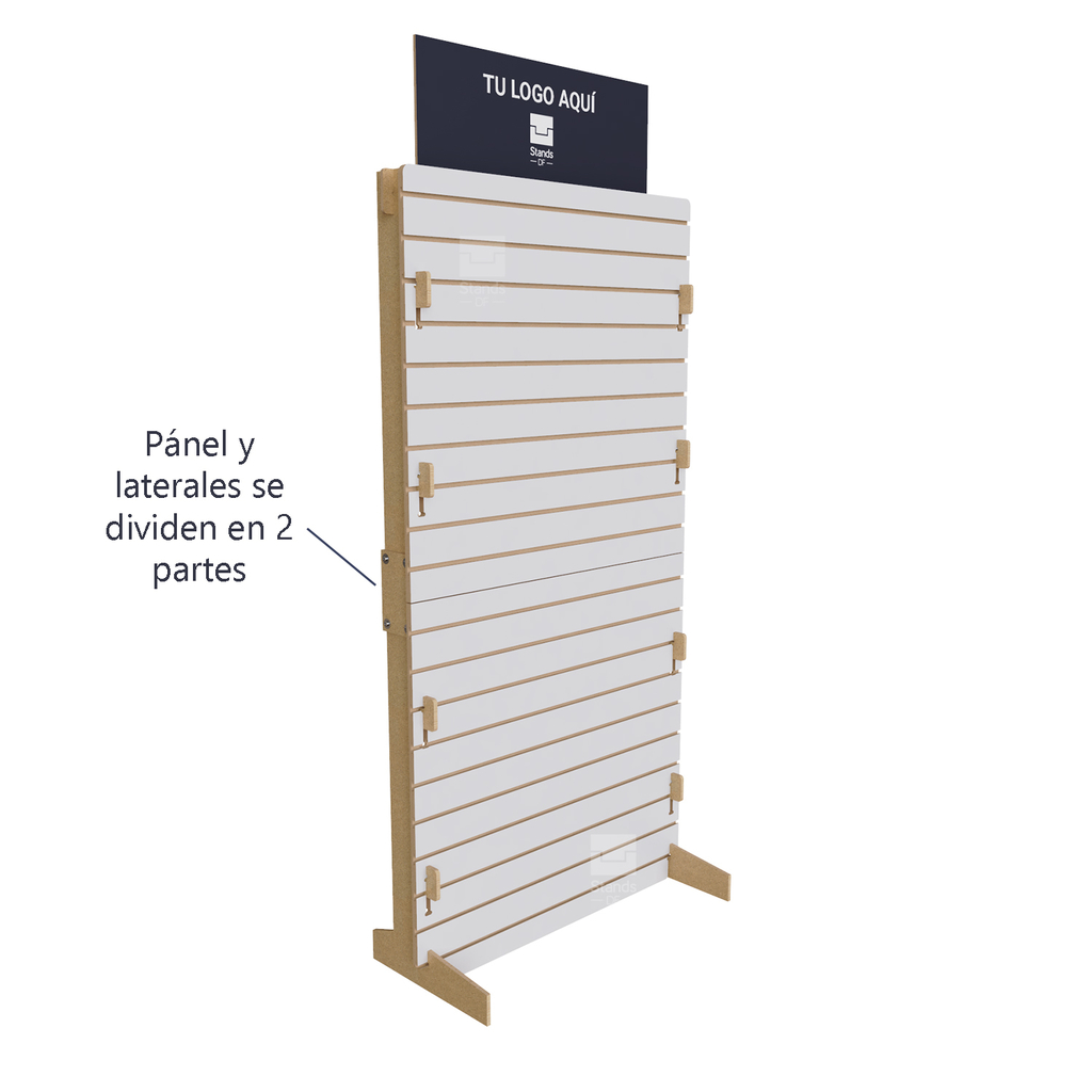 Exhibidor de madera armable con panel ranurado y perforado