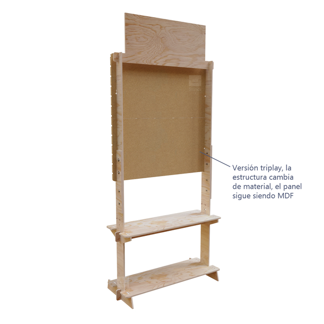 Stand exhibidor desarmable de madera con panel ranurado