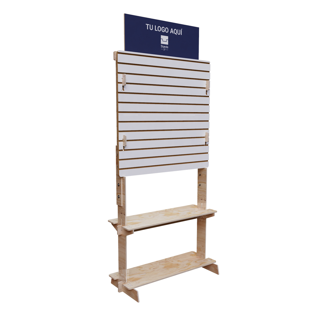 Stand exhibidor desarmable de madera con panel ranurado