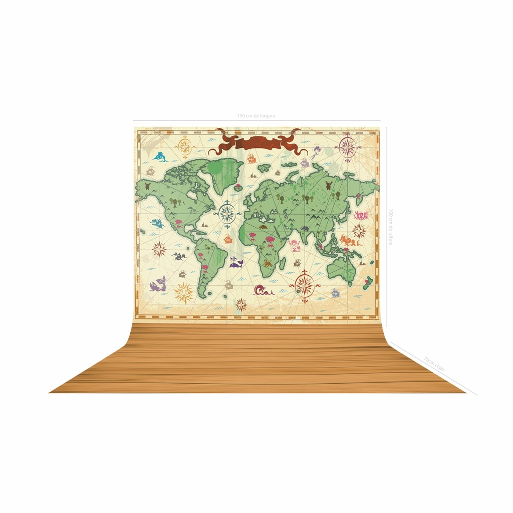 Fundo Fotografico em Tecido Mapa Mundi Madeira