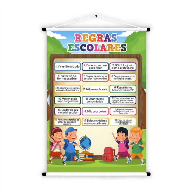 Banner de Lona Educativo Regras Escolares Crianças Quadro - 85x60cm