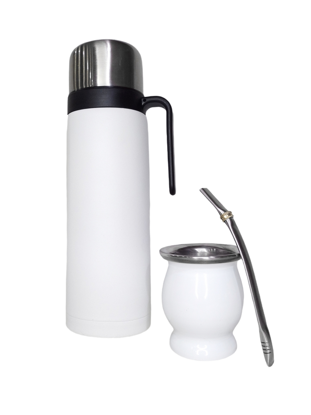 Mate de Acero termico + Bombilla+ Termo Media Manija Blanco