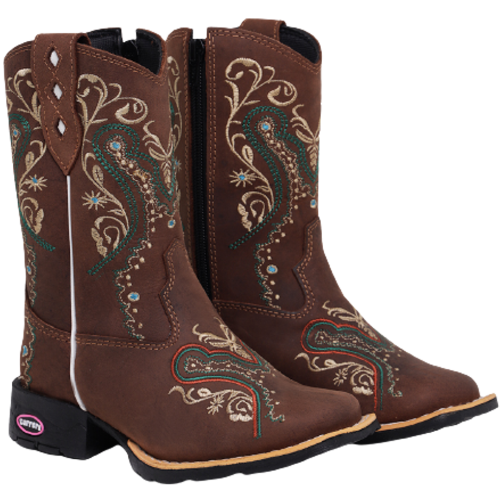 Bota Texana Infantil Menina Couro Legítimo Bordado Ramos Coloridos