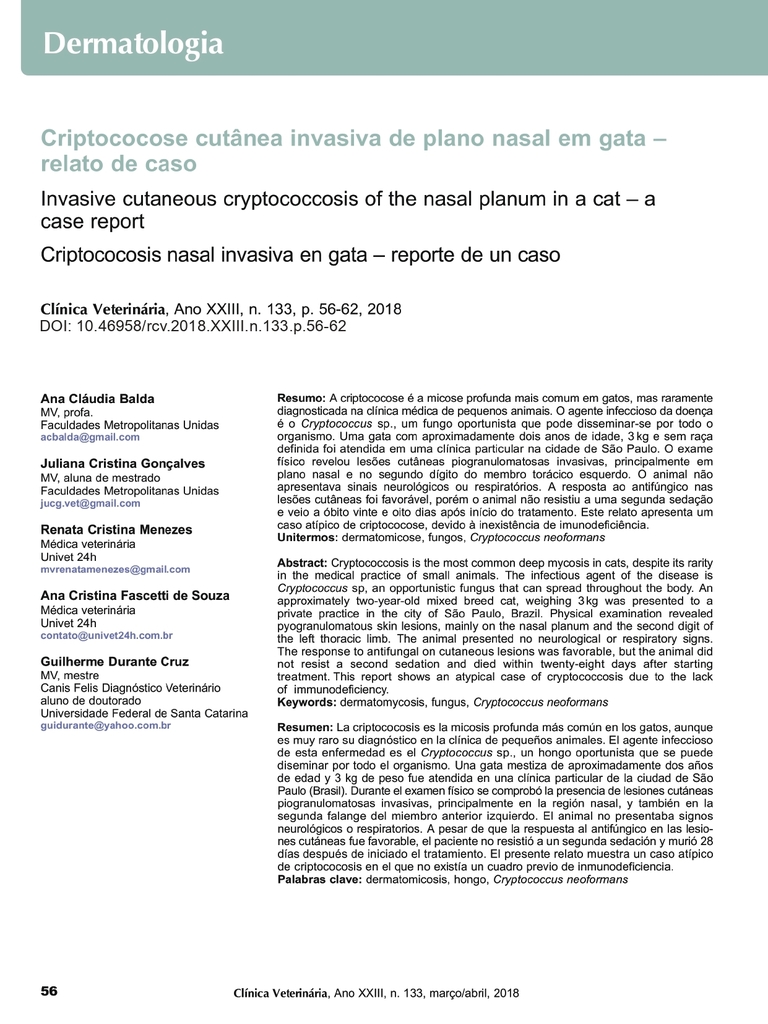 Criptococose cutânea invasiva de plano nasal em gata - relato de caso