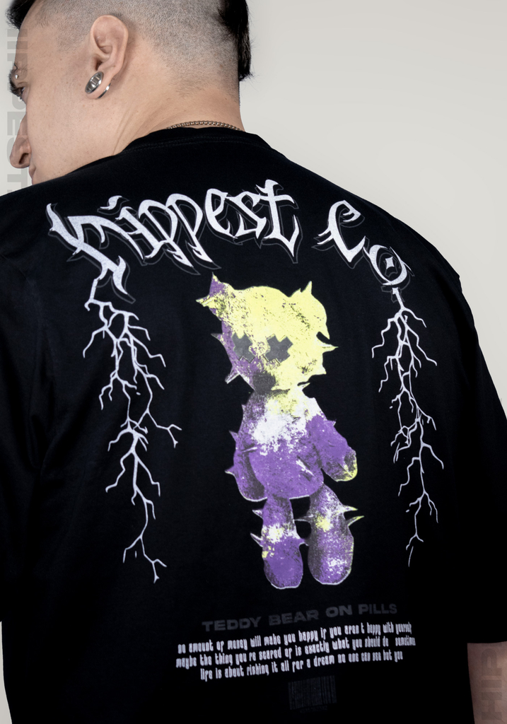 Camiseta preta Lucid Bear modelagem ampla oversized estilo Streetwear