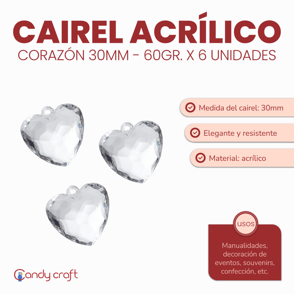 Cairel Acrilico Corazon 30mm x 6 unidades