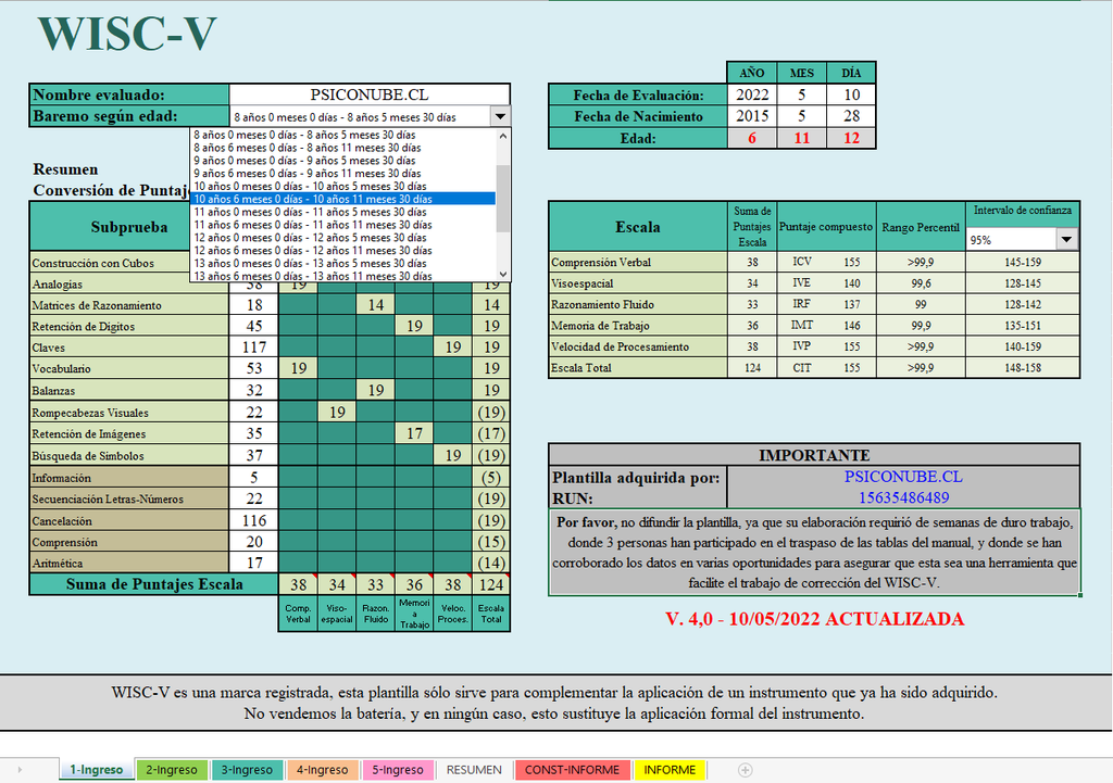 Wisc V Escala De Inteligencia De Wechsler Para Niños Corrección con Software con informe grafico ...
