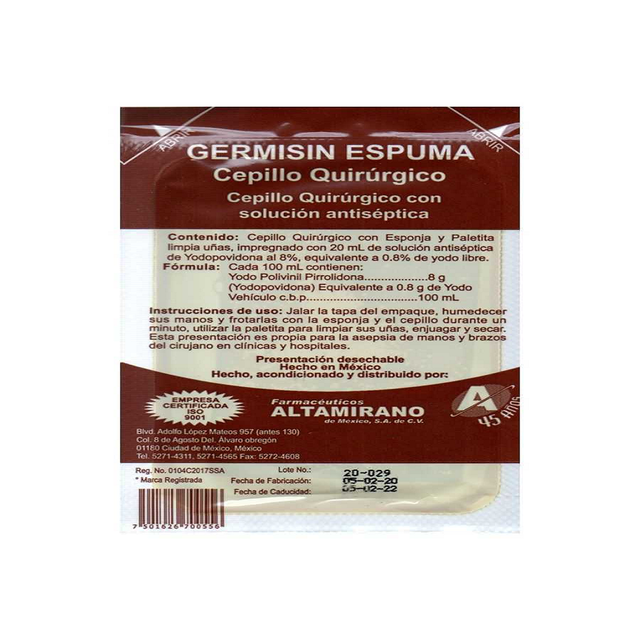 Cepillo quirúrgico con GERMISIN espuma 30 pz ALTAMIRANO