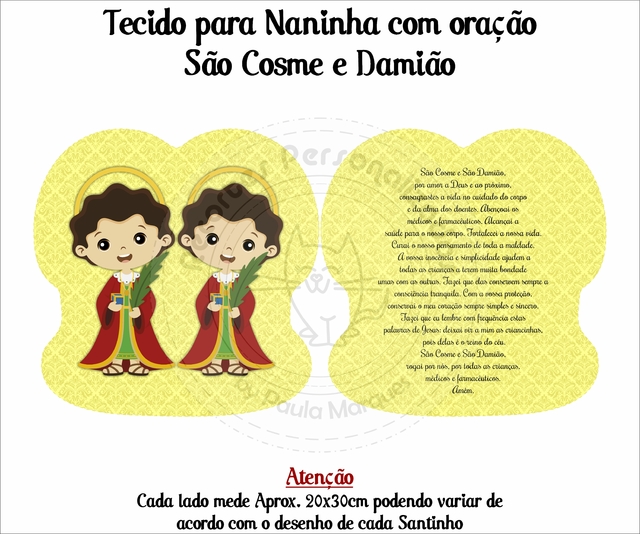 Recorte em tecido Naninha P com oração - São Cosme e Damião