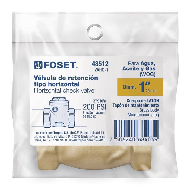 Valvula check horizontal de laton, 1', Foset