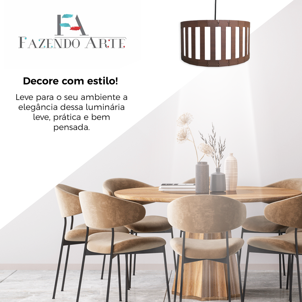 Luminária lustre redondo barras simétricas mdf 35cm c/ lâmpada - FA