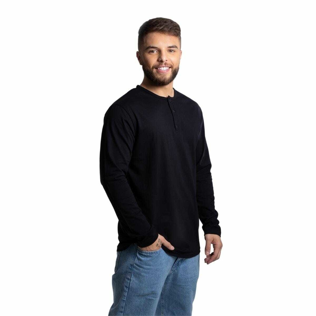 Camisa Masculina Preta Henley Manga Longa - Docca