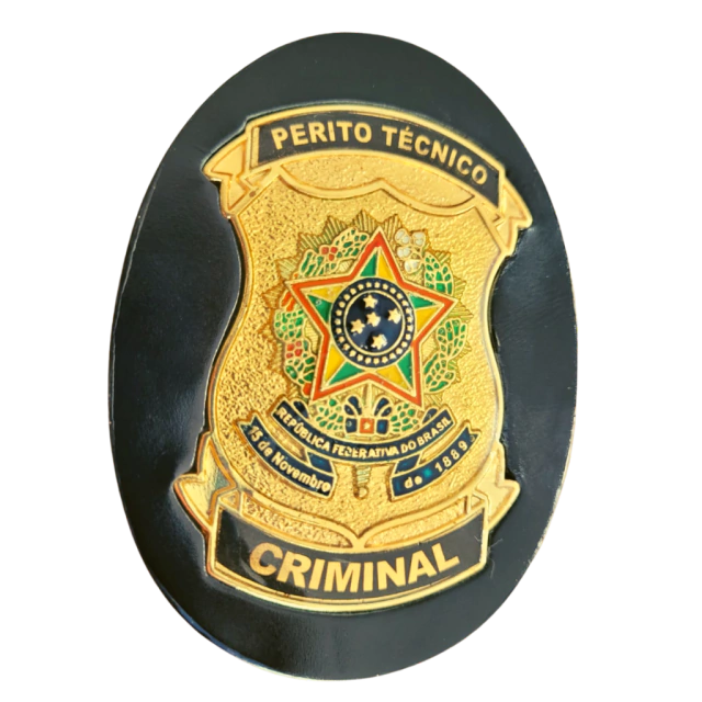 Bolachão distintivo em couro com brasão - Perito técnico criminal