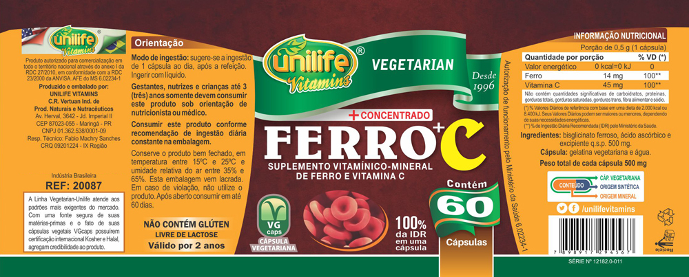 Ferro + C - 60 caps - Unilife - Energia Vital Brasil