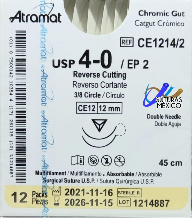 Catgut Cromico 4-0 Aguja Cortante Doble Armada de 12 mm Hebra 45 cms ...