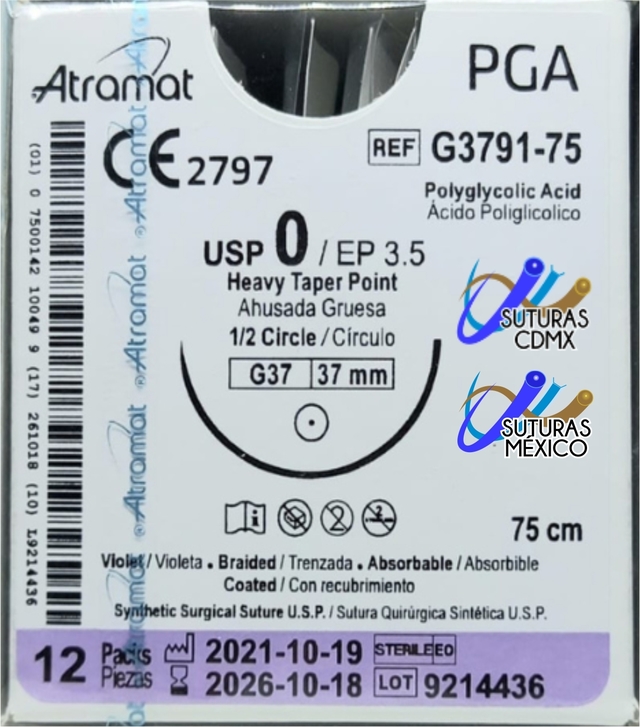 Acido Poliglicolico PGA 0 Aguja ahusada Gruesa de 37 mm Hebra 75 cm Violeta Atramat G3791-75 ...